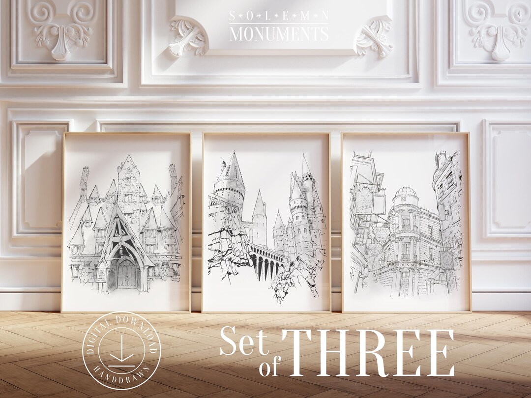 Hogwarts Hogsmeade Diagon Alley Set of Three Sketch Print Instant ...