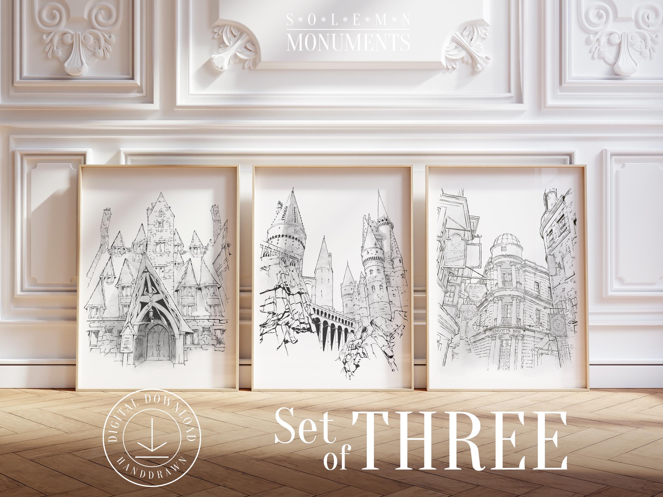 Hogwarts Hogsmeade Diagon Alley Set of Three Sketch Print Instant ...