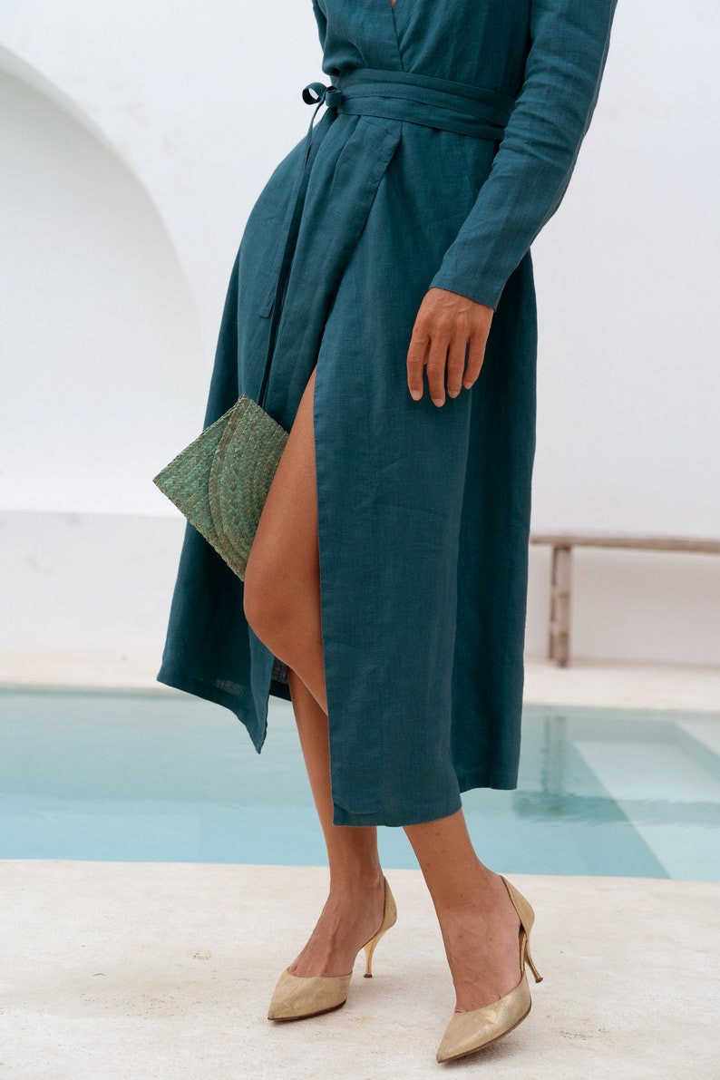 Office Teal Linen Wrap Midi Dress Maria Linen Mid Calf Long Sleeve