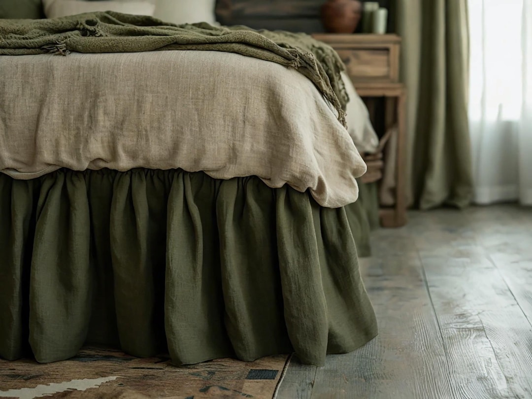 Khaki Linen Ruffled Bed Skirt Soft Gathered Dust Ruffle Linen Dust ...