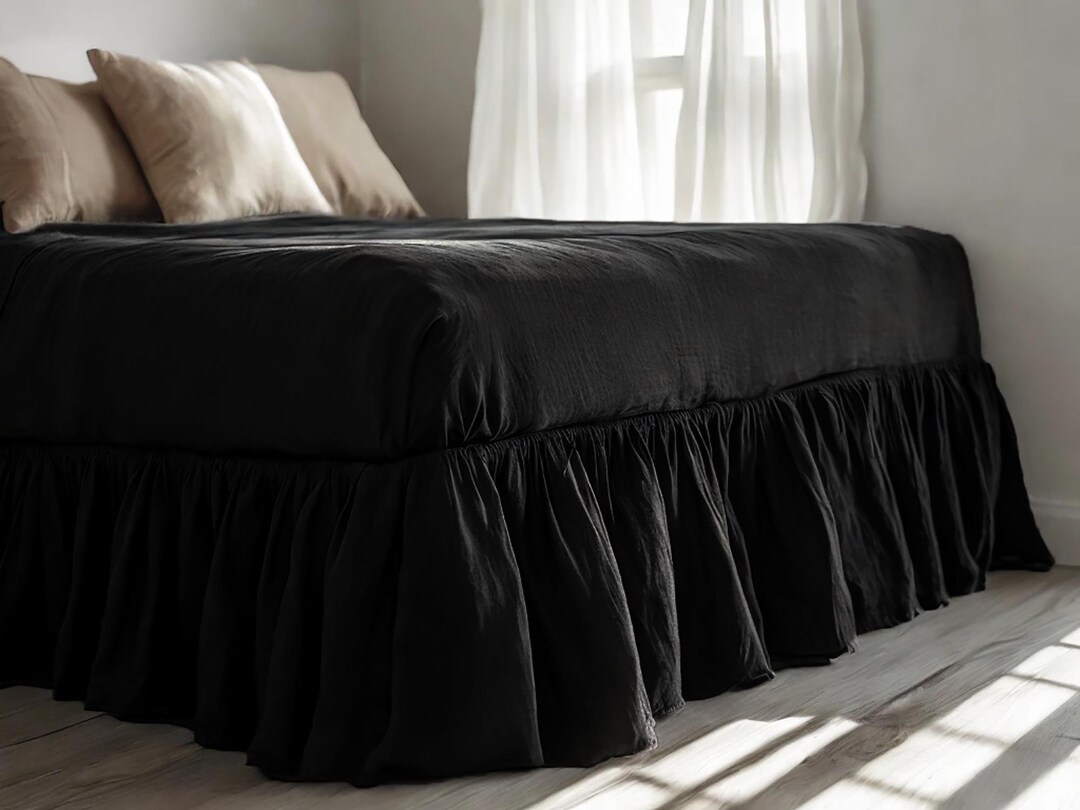 Black Linen Ruffled Bed Skirt Soft Gathered Dust Ruffle Linen Dust ...