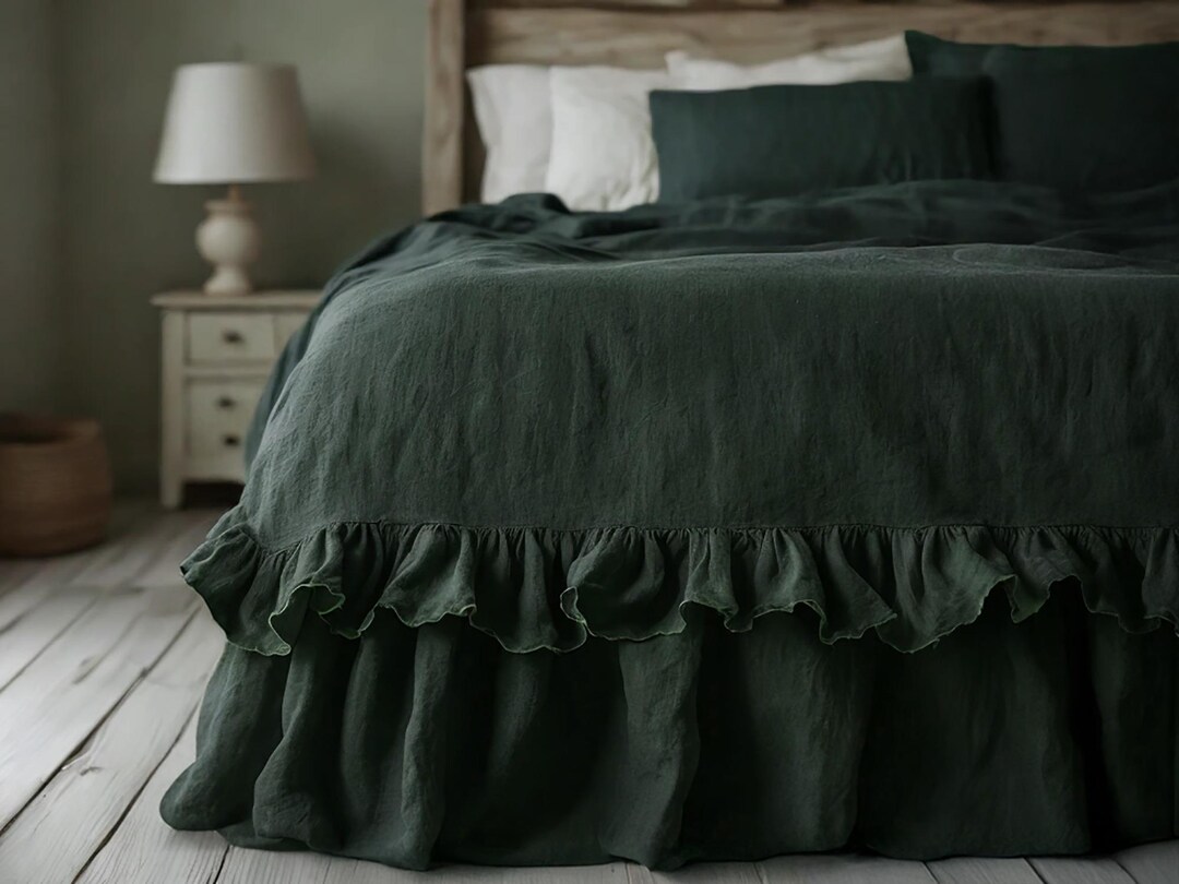 Charcoal Green Linen Ruffled Bed Skirt Soft Gathered Dust Ruffle Linen ...