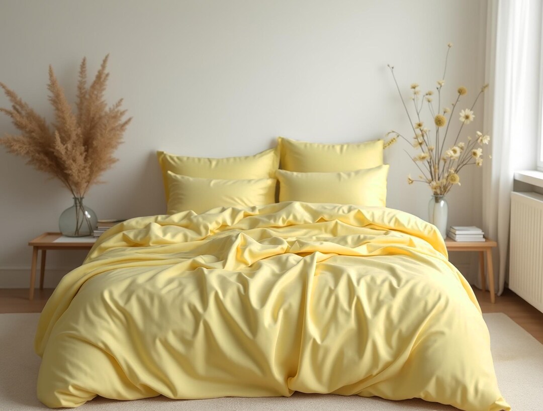 Pastel Yellow Sateen Bedding Set 1 Duvet Cover and 2 Pillowcases Cotton ...