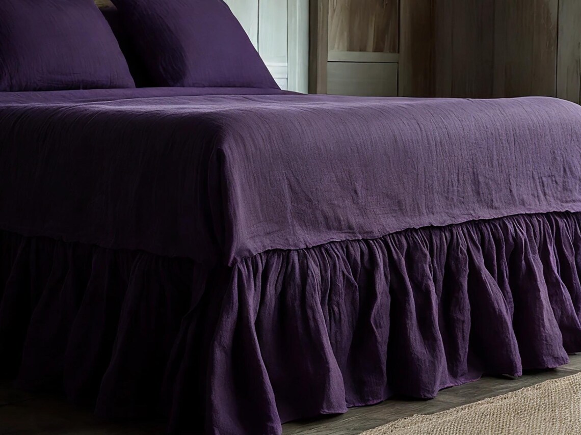 Violet Linen Ruffled Bed Skirt Soft Gathered Dust Ruffle Linen Dust ...