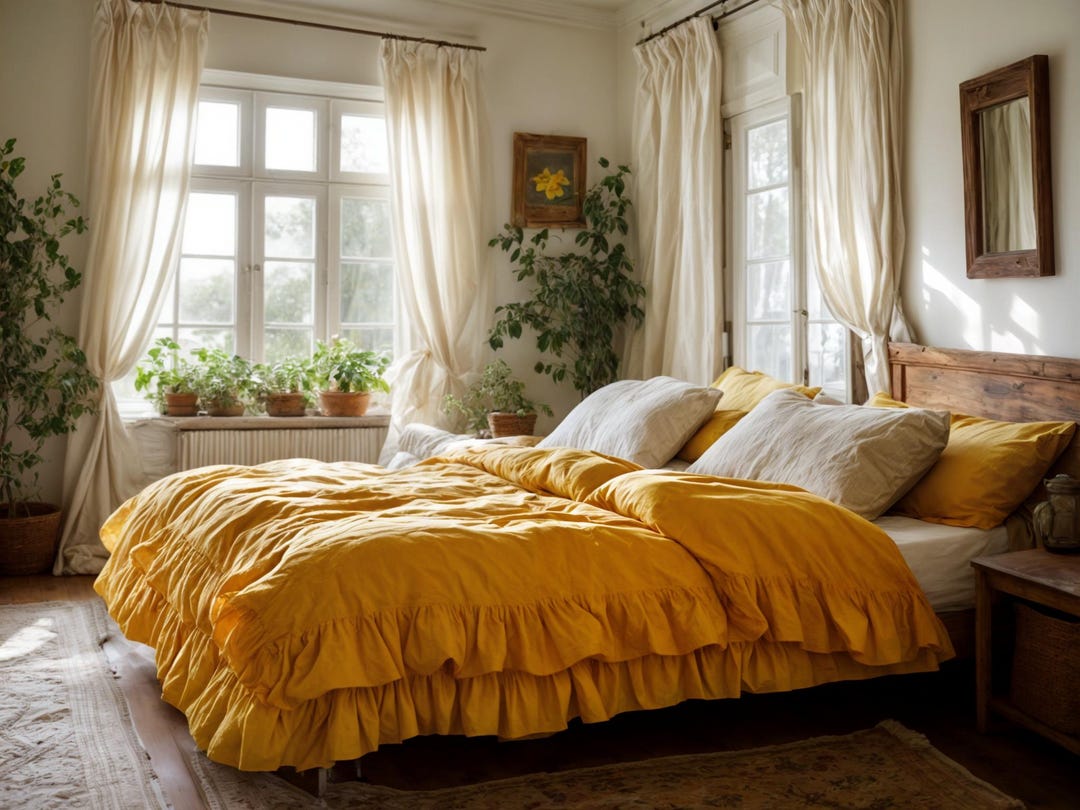 Marigold Double Ruffles Soft Linen Bedding Set King Queen Duvet Cover 2 ...