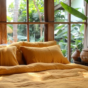 Marigold Soft Medium Weight Linen Bedding Set Duvet Cover 2 Pillowcases ...