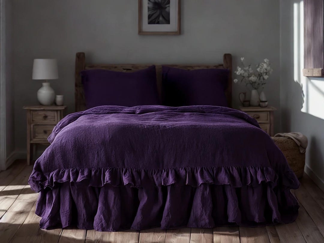 Violet Linen Ruffled Bed Skirt Soft Gathered Dust Ruffle Linen Dust ...