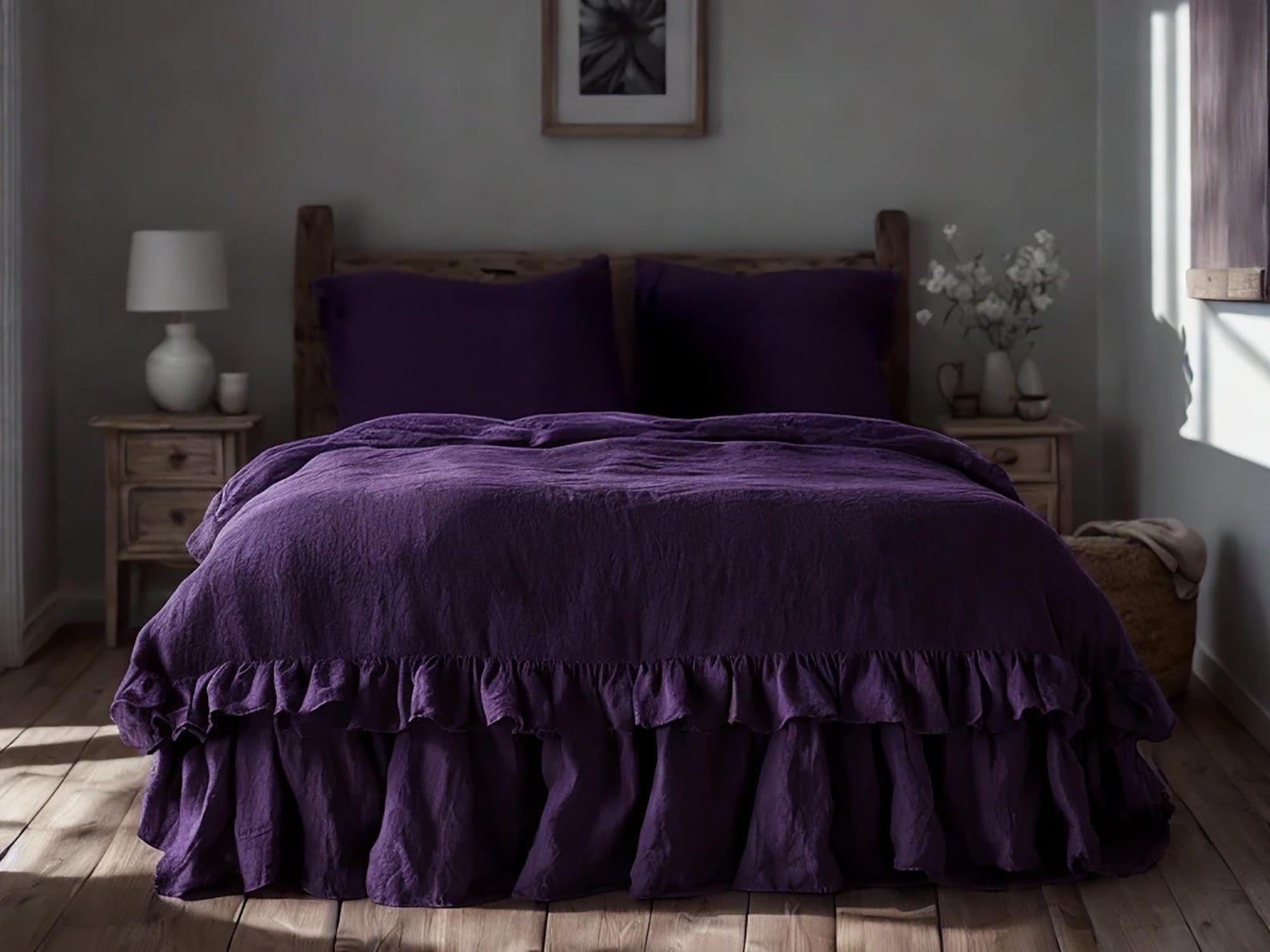 Violet Linen Ruffled Bed Skirt Soft Gathered Dust Ruffle Linen Dust ...