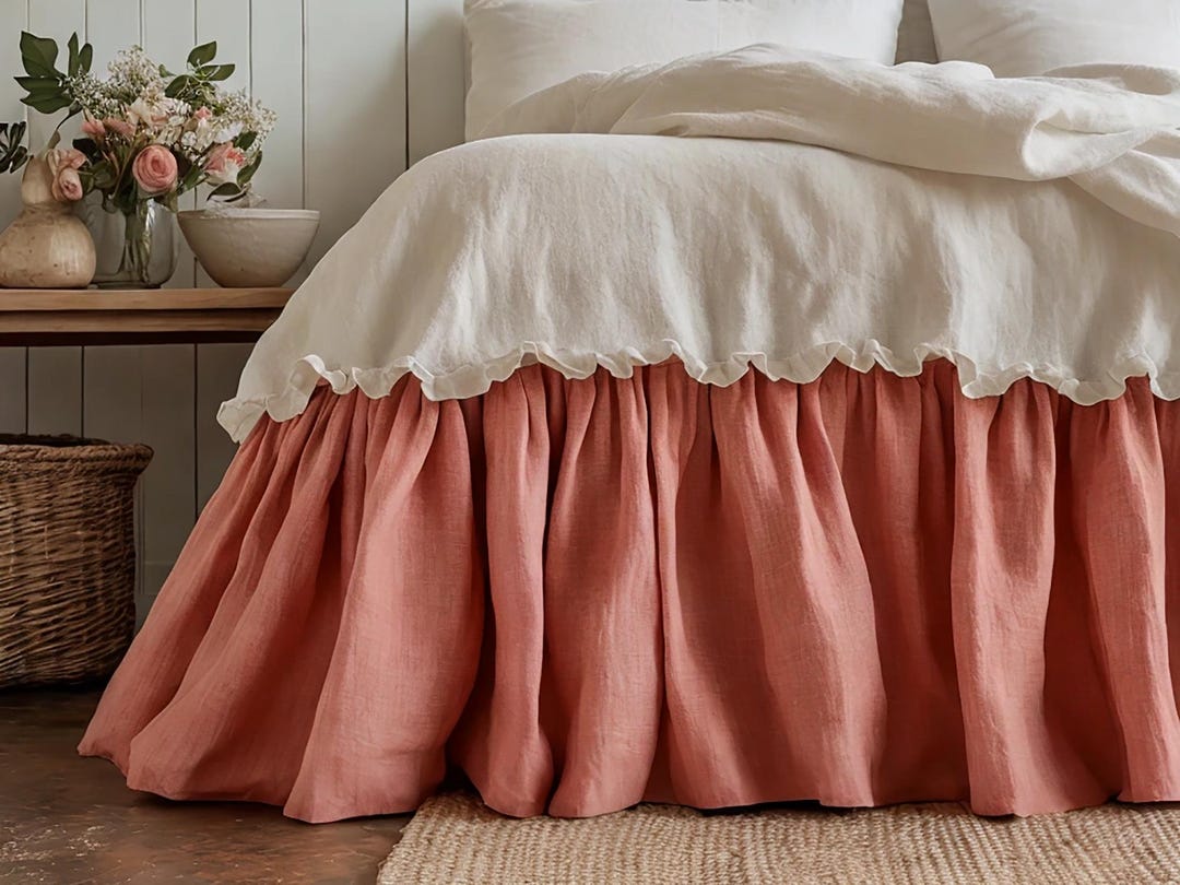 Coral Linen Ruffled Bed Skirt Soft Gathered Dust Ruffle Linen Dust ...