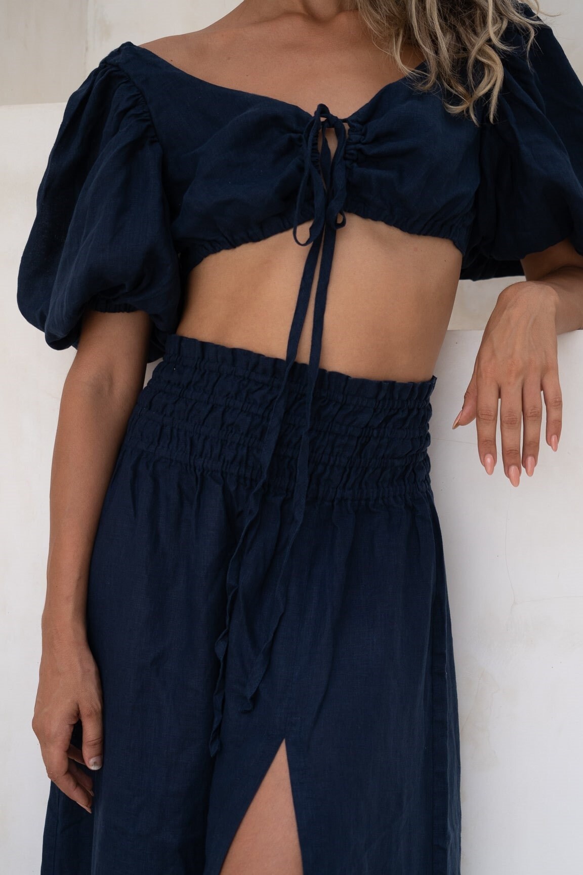 24 Colors Linen Kiara Set of Wrap Crop Top and Maxi Skirt Puffed ...