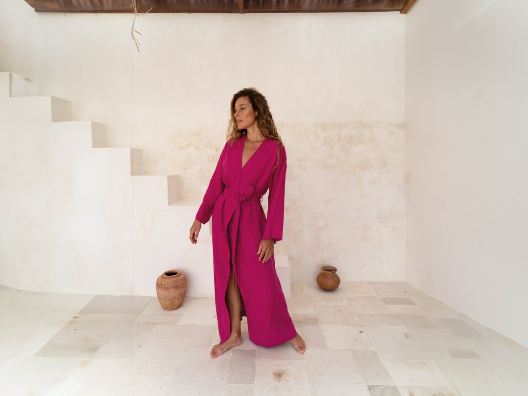 Fuchsia Linen Kimono Maxi Dress Lexa Japanese Kimono Robe Softened ...