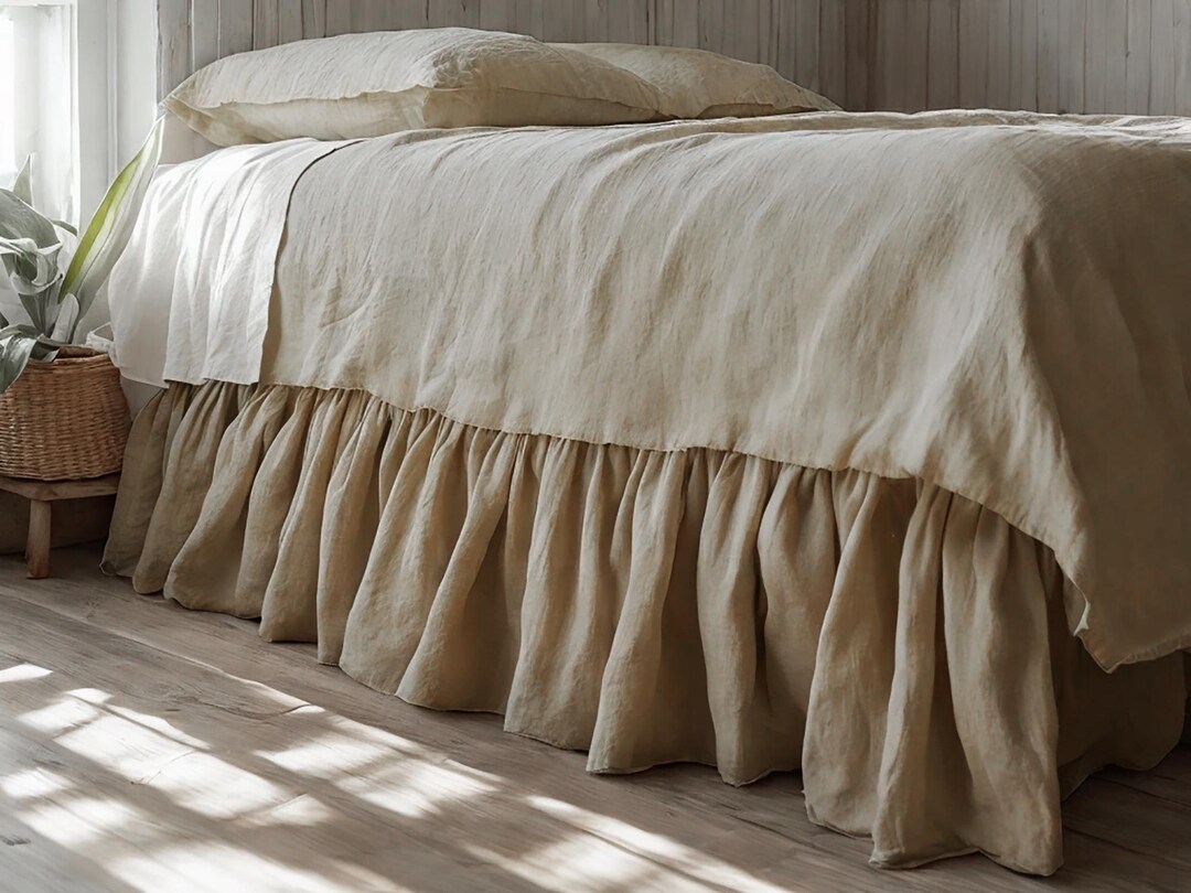 Oat Linen Ruffled Bed Skirt Soft Gathered Dust Ruffle Linen Dust Ruffle ...