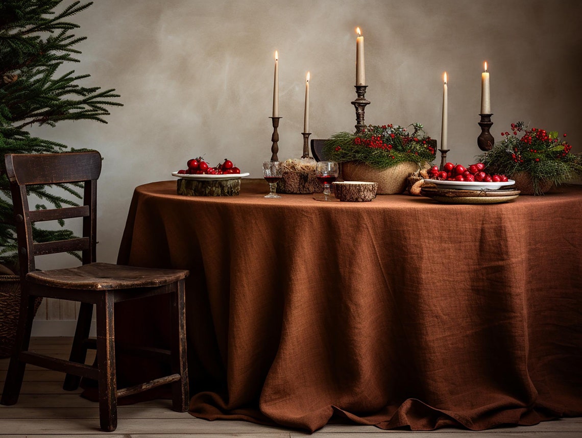 Christmas Ginger Round Linen Tablecloth Holiday Theme Rectangle Square ...
