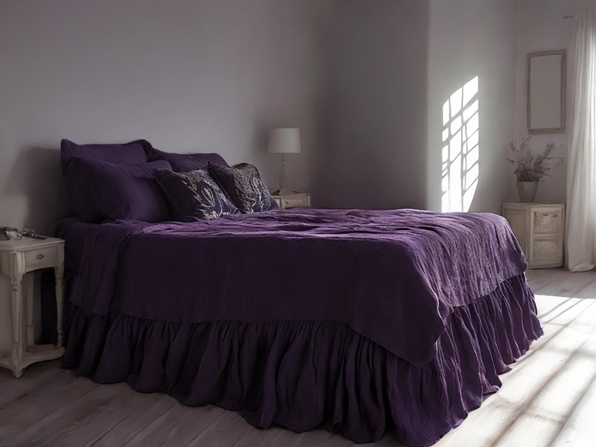 Violet Linen Ruffled Bed Skirt Soft Gathered Dust Ruffle Linen Dust ...