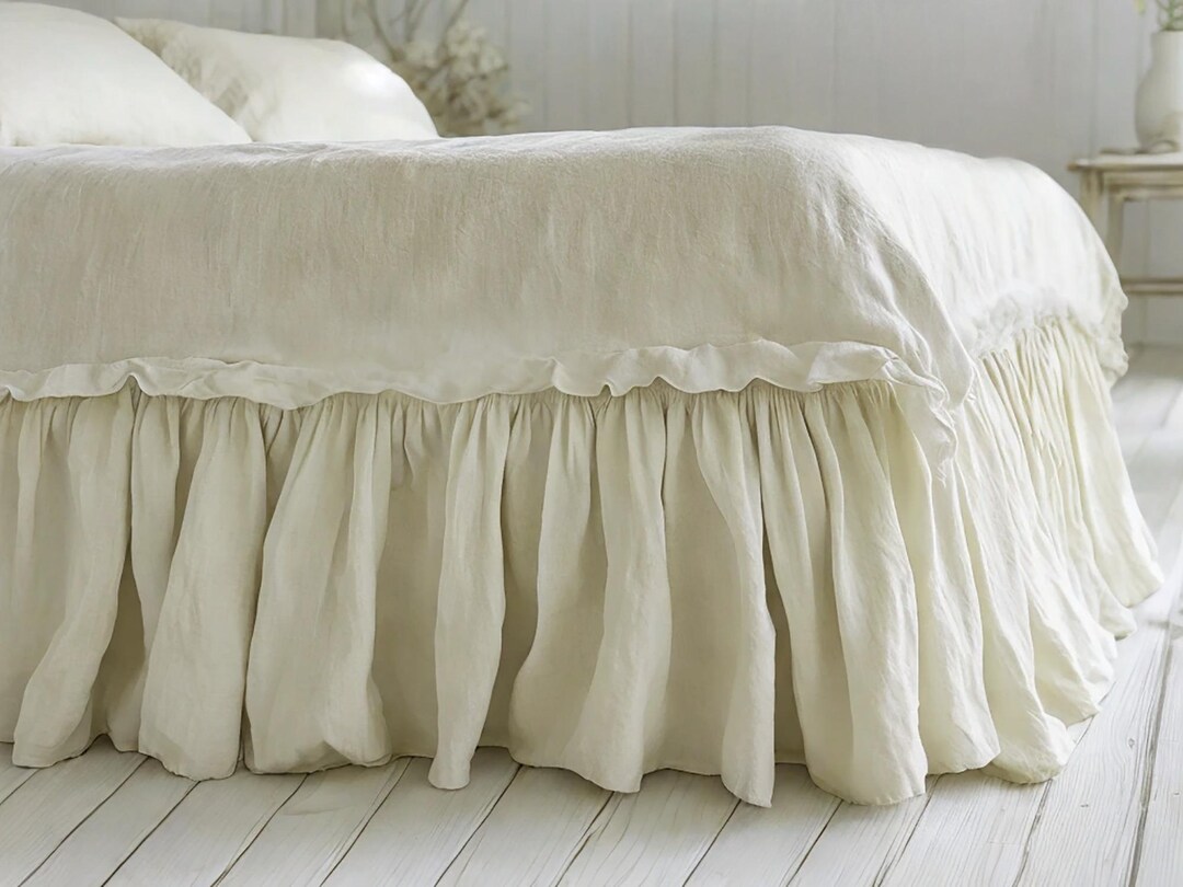 Ivory Linen Ruffled Bed Skirt Soft Gathered Dust Ruffle Linen Dust ...