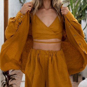 White Linen Wrap Crop Top Liana Summer Elegant Wrap Blouse Open Back ...