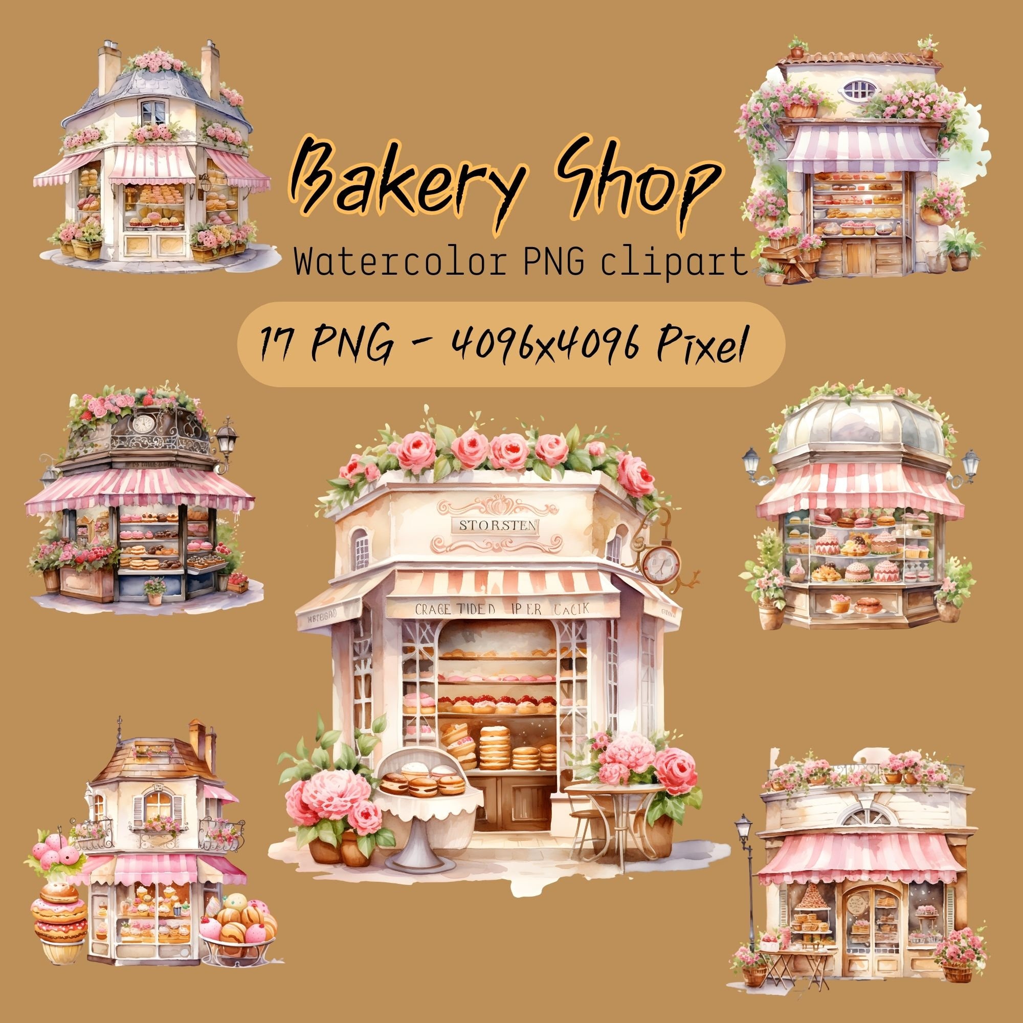 Watercolor Bakery Clipart Png Bundle Cute Bakery Shop Cafe - Etsy