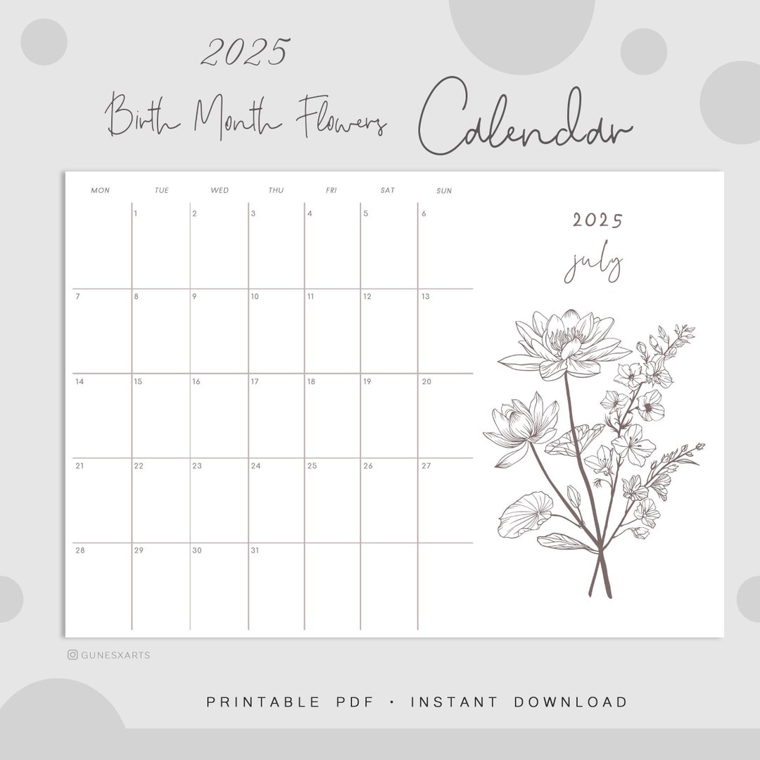 2025 Printable Calendar With Birth Month Flower Line Art / Floral ...