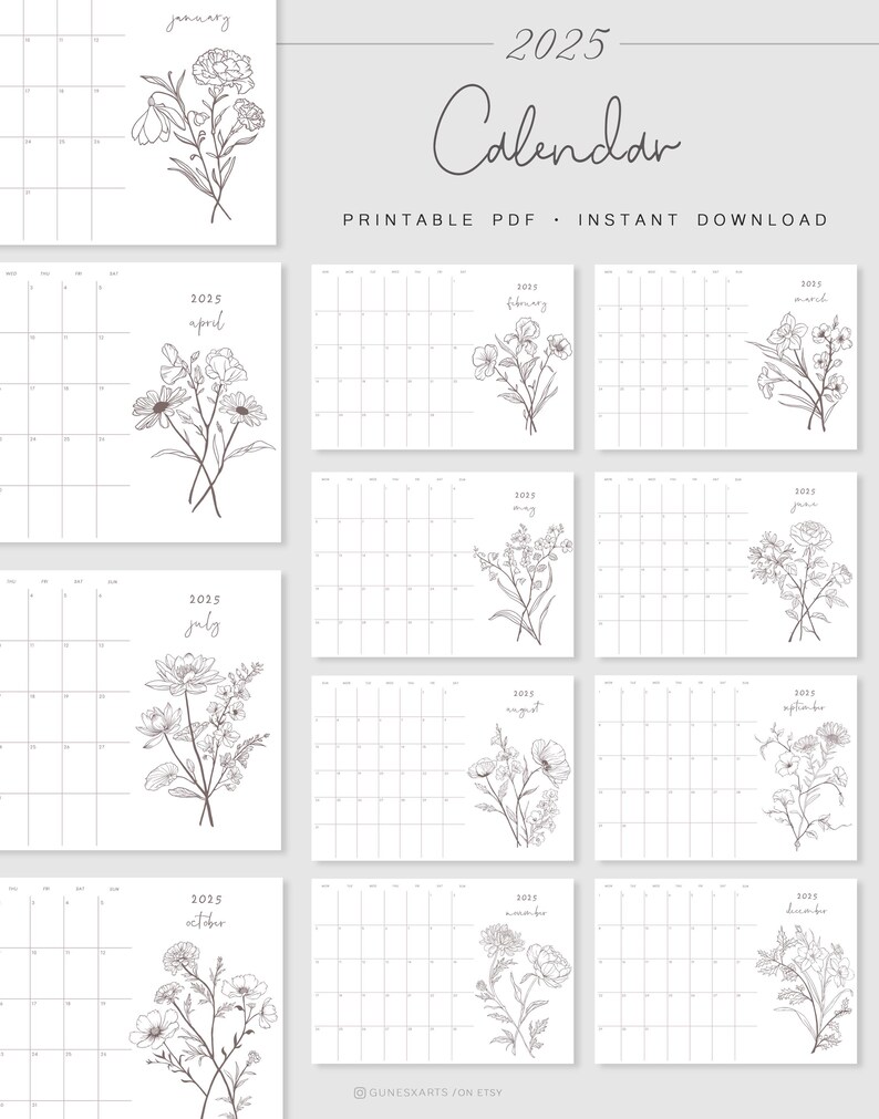 2025 Printable Calendar With Birth Month Flower Line Art / Floral ...