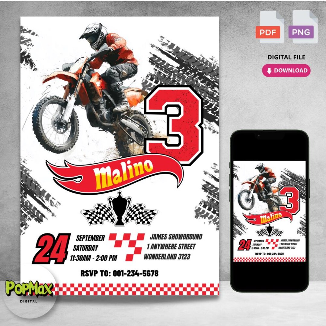 Personalized Printable Motorbike Birthday Invitation Card | Digital ...