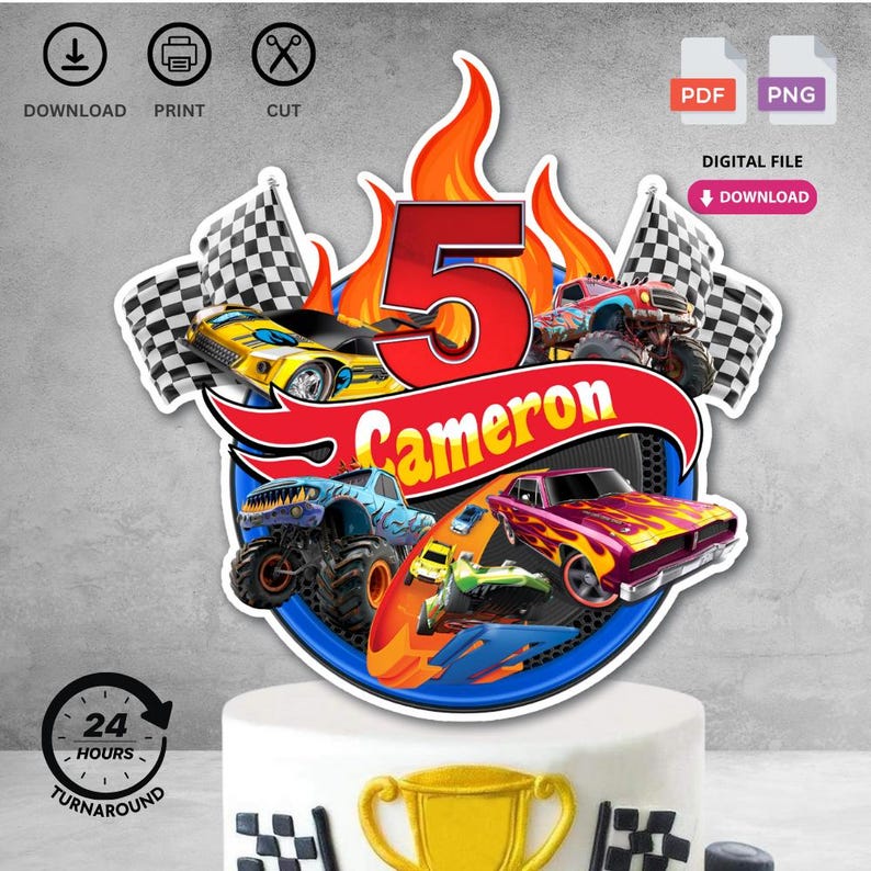 Personalized Printable Racing Car Monster Truck Birthday Cake Topper ...