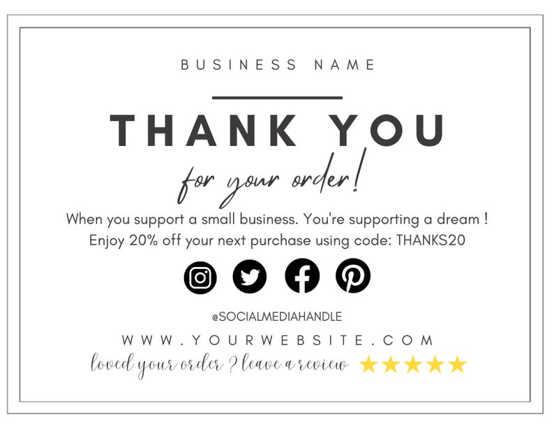 Basic Thank You Card/editable/business Template/customer Packaging Insert - Etsy