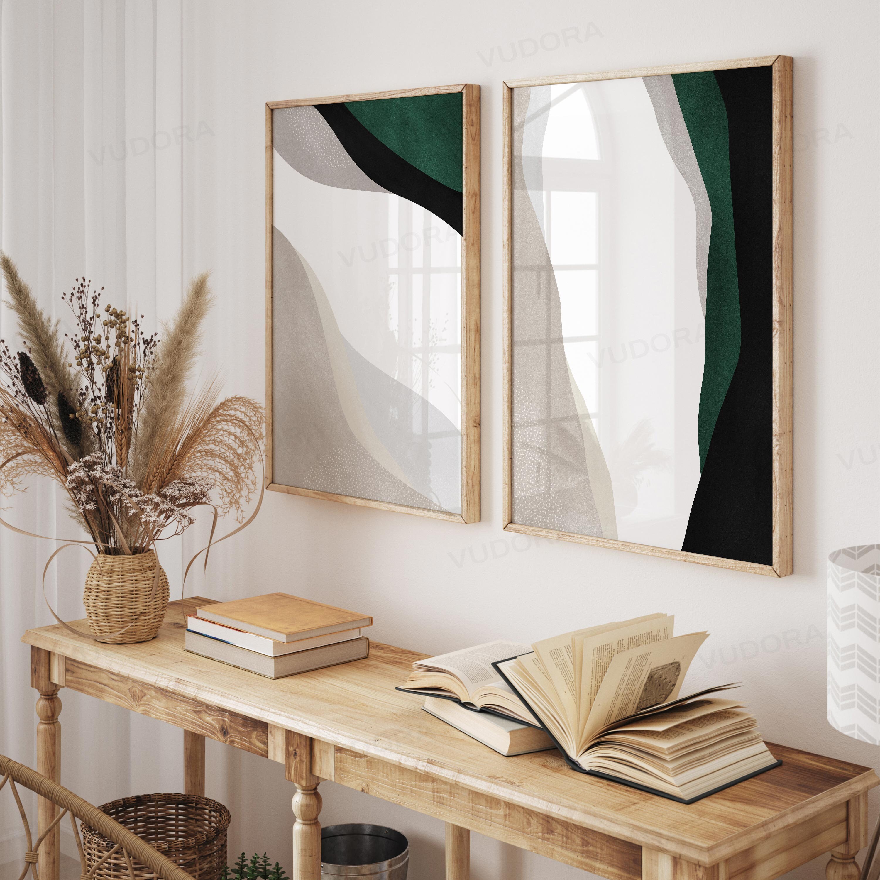 2 Piece Mid Century Forest Green Wall Art Poster Print, Large Emerald ...