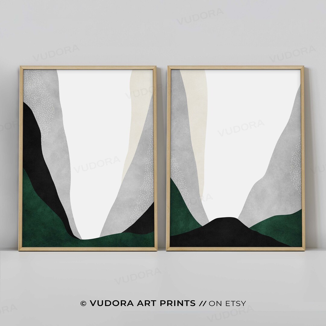 2 Piece Mid Century Forest Green Wall Art Poster Print, Large Emerald ...