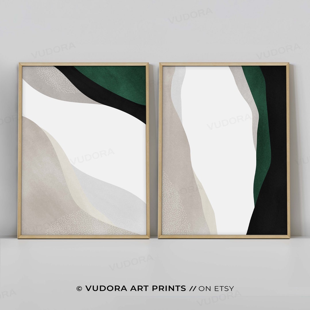 2 Piece Mid Century Forest Green Wall Art Poster Print, Large Emerald ...