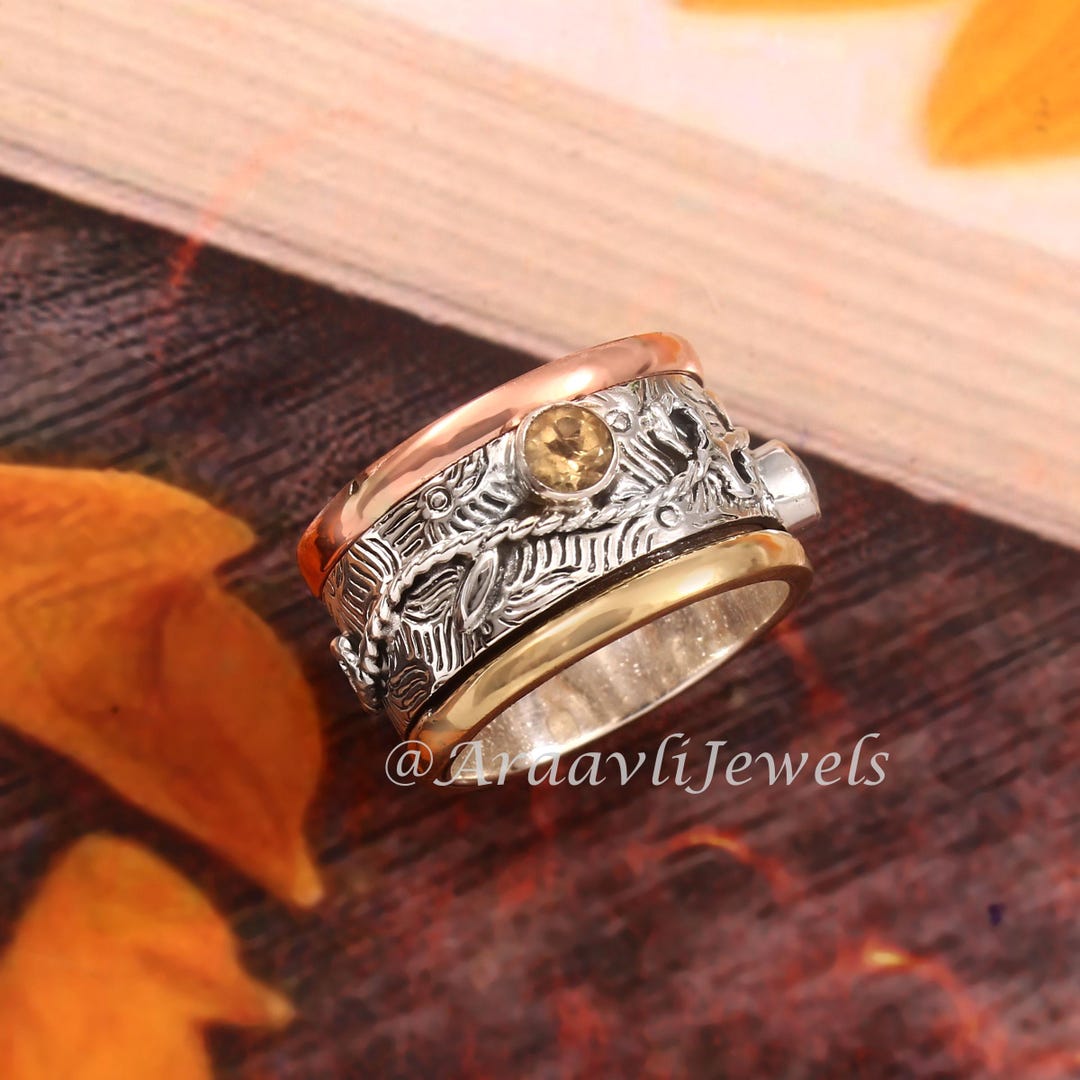 Multi Stone Spinner Ring, Leaf Pattern Spin Band, Spinning Ring, Fidget ...