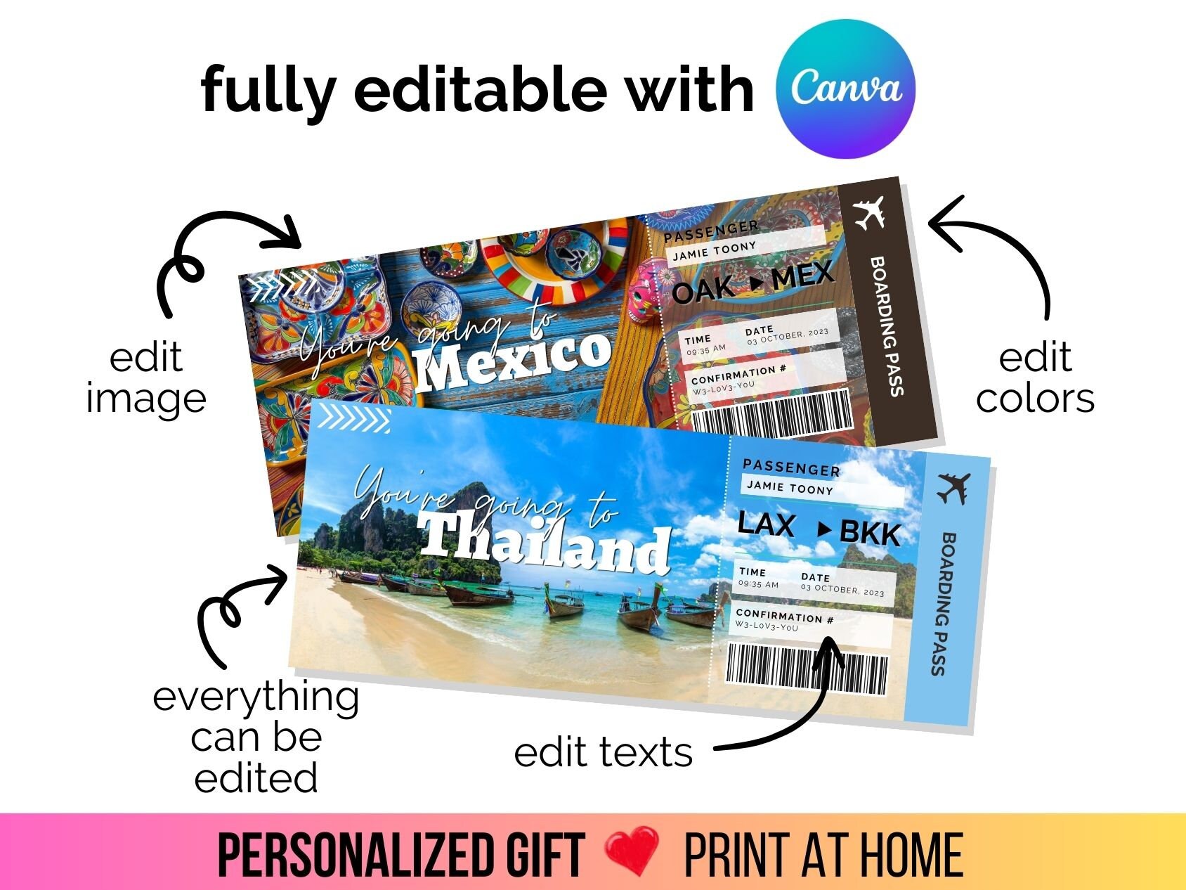 Personalized Travel Boarding Pass, Surprise Custom Airplane Ticket ...