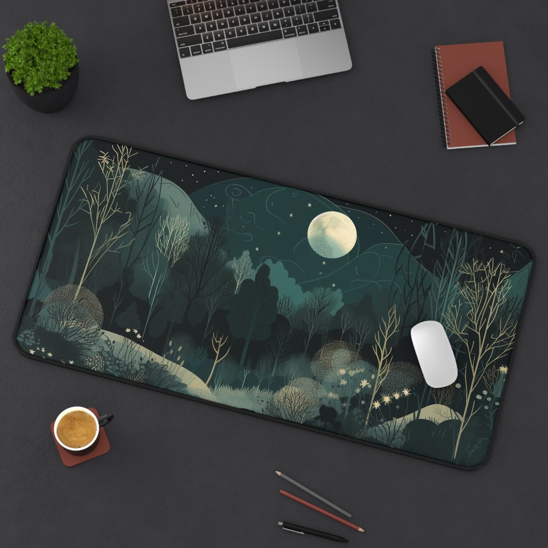 Botanical Celestial Cottagecore Dark Green Desk Mat Stars and Moon ...