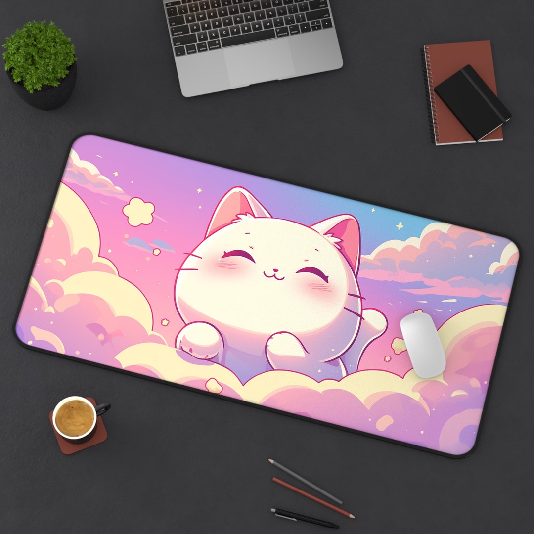 Cute Cat Puffy Clouds Desk Mat | Cute Anime Style Cat Desk Mat | Cute ...