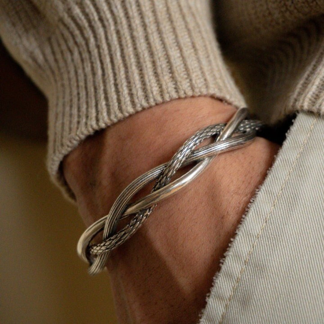 Men's Chunky Silver Bracelet, Bold Silver Cuff, Adjustable Casual ...