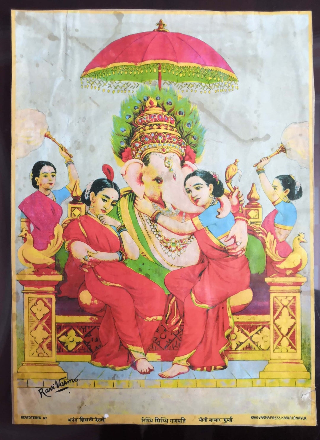 Vintage Poster Ganesha Riddhi Siddhi Love Divinity Old Rare Ravi Varma ...
