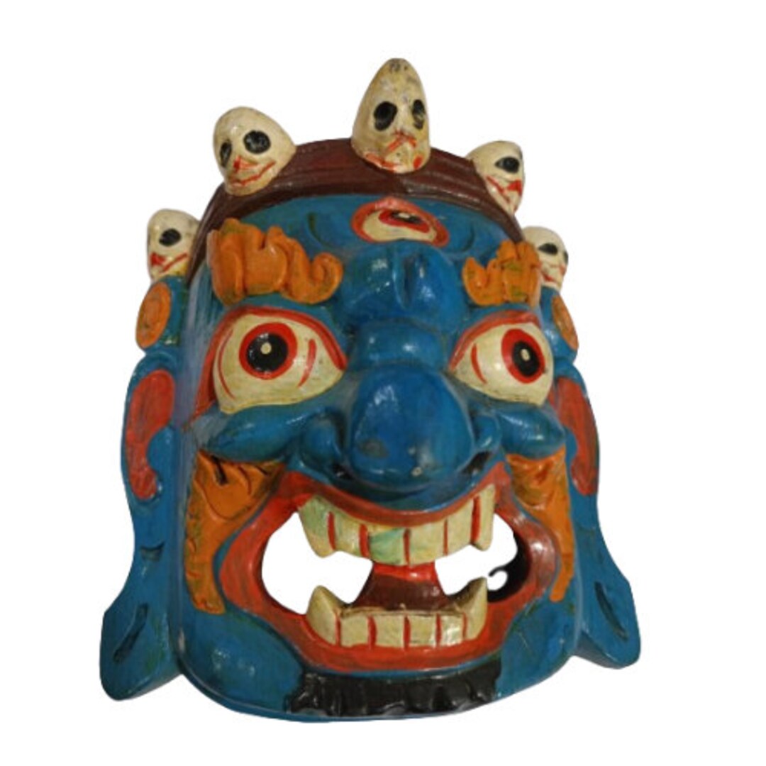 Vintage Solid Bhairav Wooden Mask Blue Handmade Bhairava Mask Wood ...