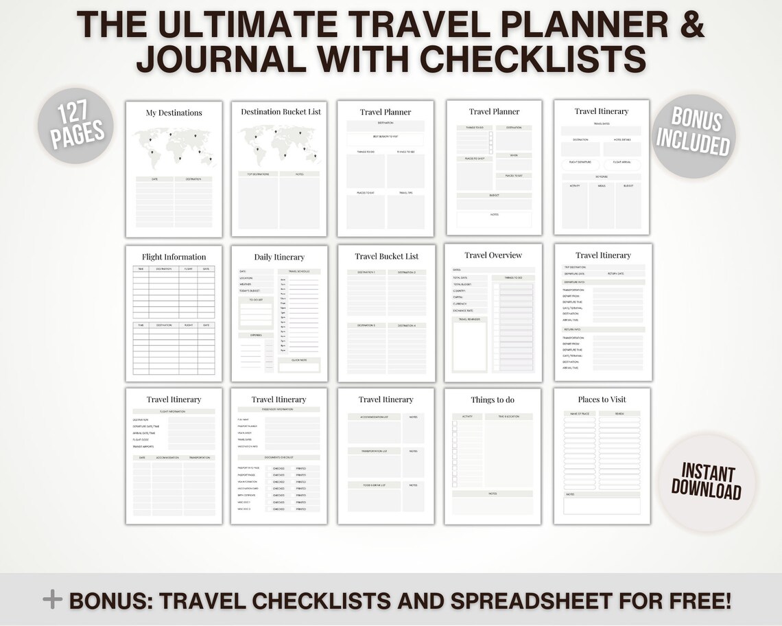 Printable Travel Checklist, Vacation Planner, Printable Packing List ...