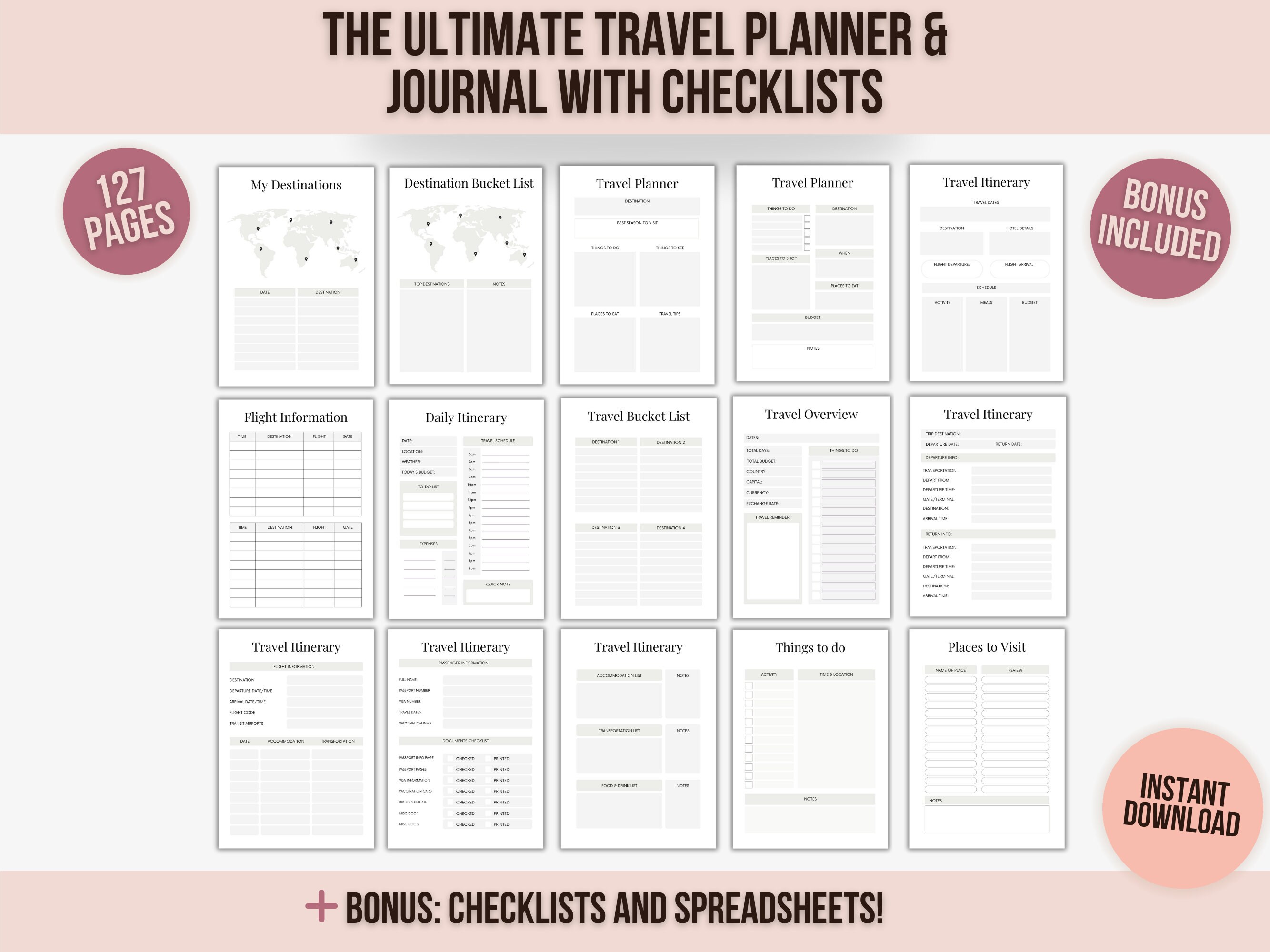 Printable Travel Checklist, Vacation Planner, Printable Packing List ...