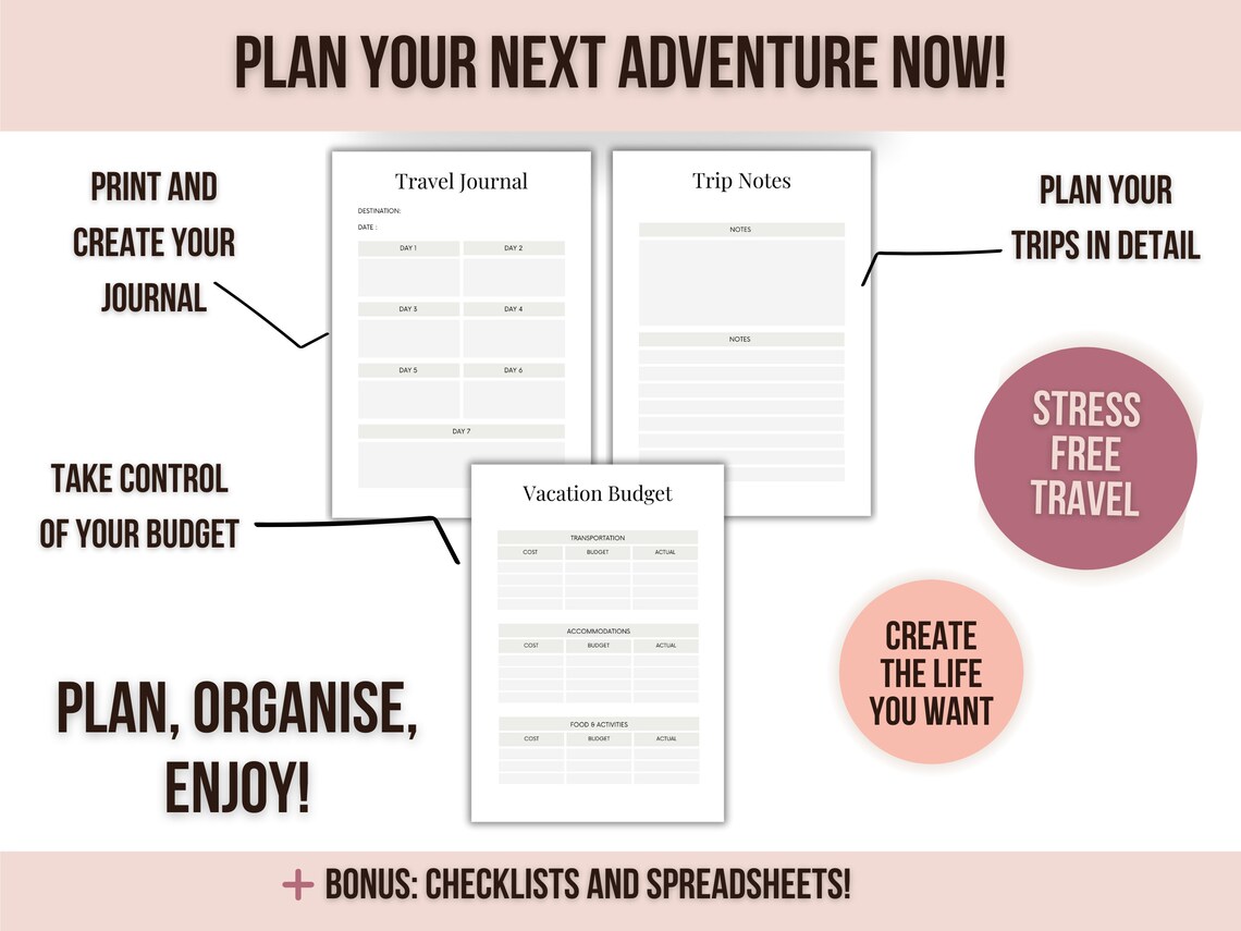 Printable Travel Checklist, Vacation Planner, Printable Packing List, Trip Organiser, Travel ...