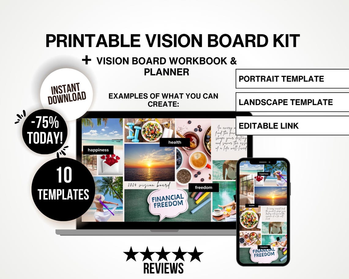 Printable Vision Board Kit, Printable Vision Board Template, Vision ...