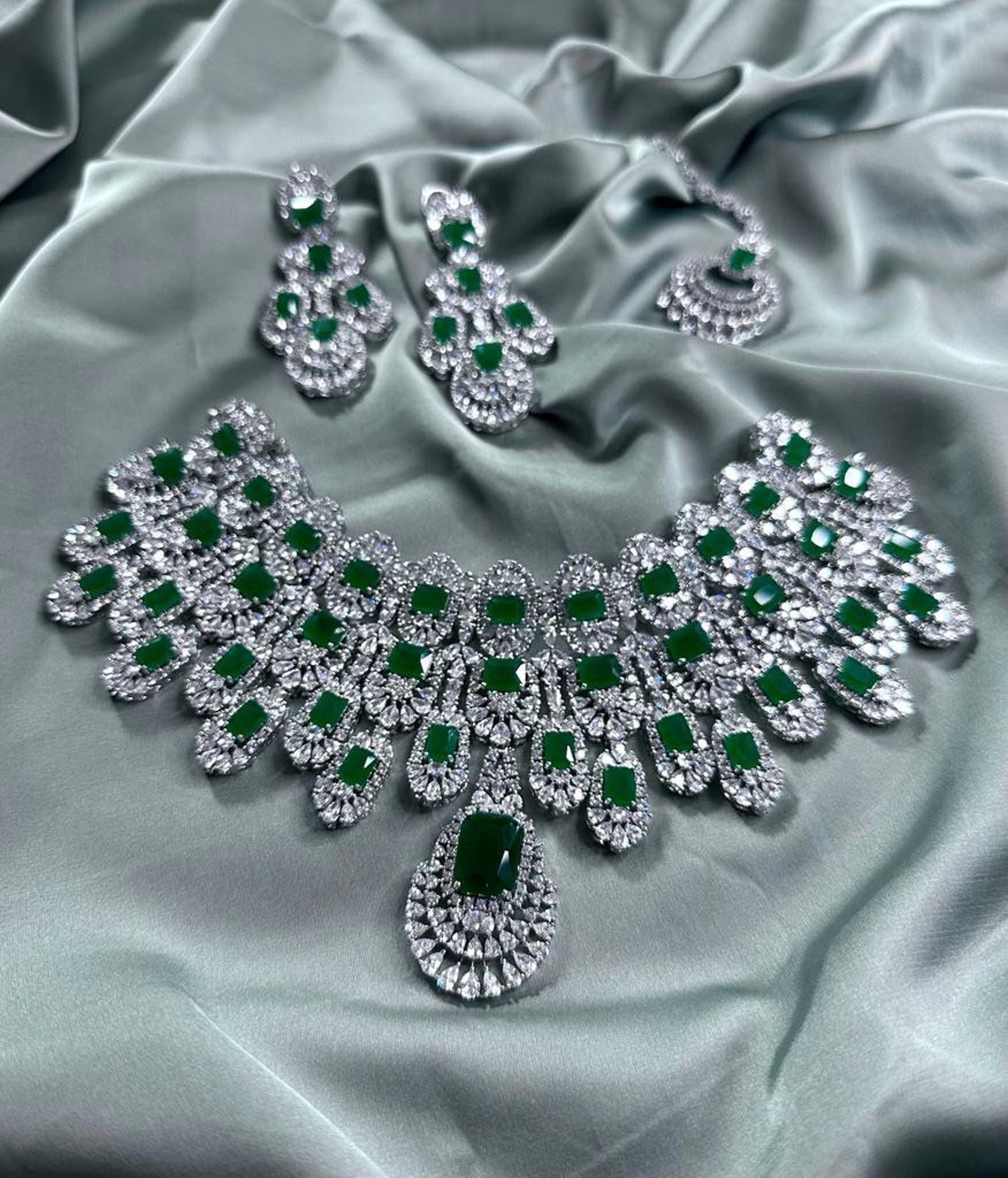 Kiara Advani Inspired Bridal Set/emerald Green Diamond Bridal Set/cubic Zirconia Set/indian ...