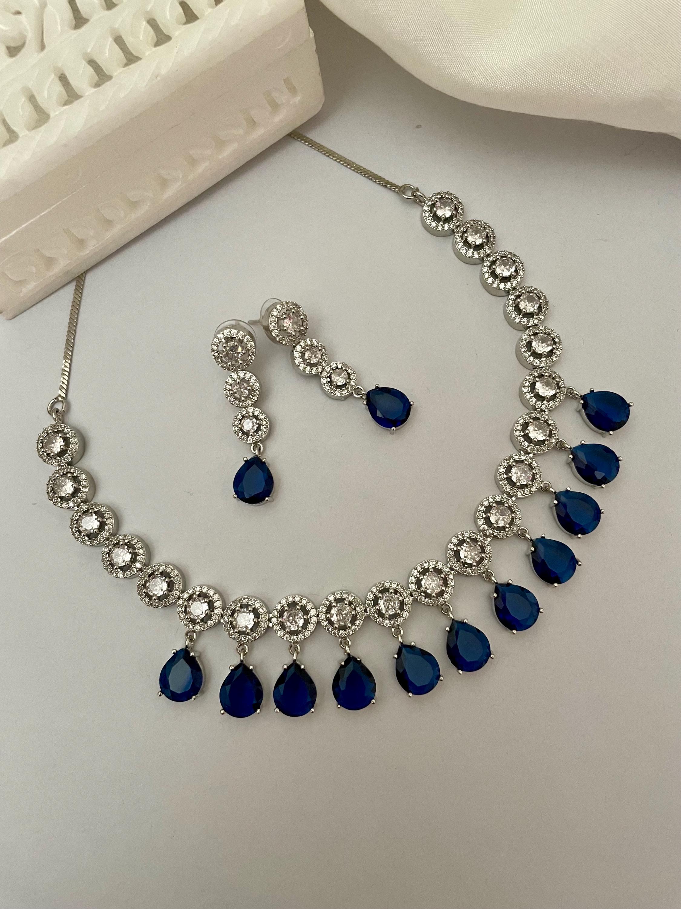 Sapphire Blue Diamond Set/american Diamond Set/cz Set/cocktail Necklace ...