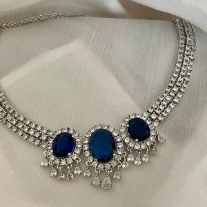 Sapphire Blue Diamond Set/american Diamond Set/cz Set/cocktail Necklace ...