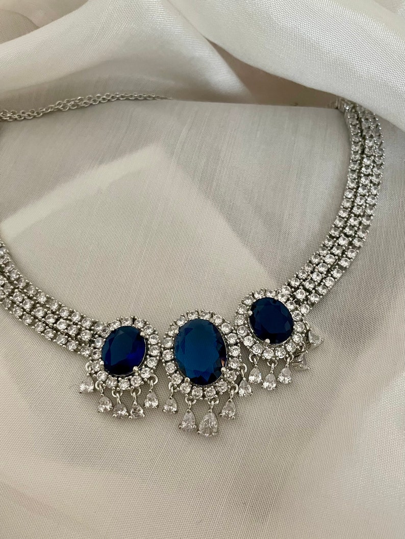 Sapphire Blue Diamond Set/american Diamond Set/cz Set/cocktail Necklace ...