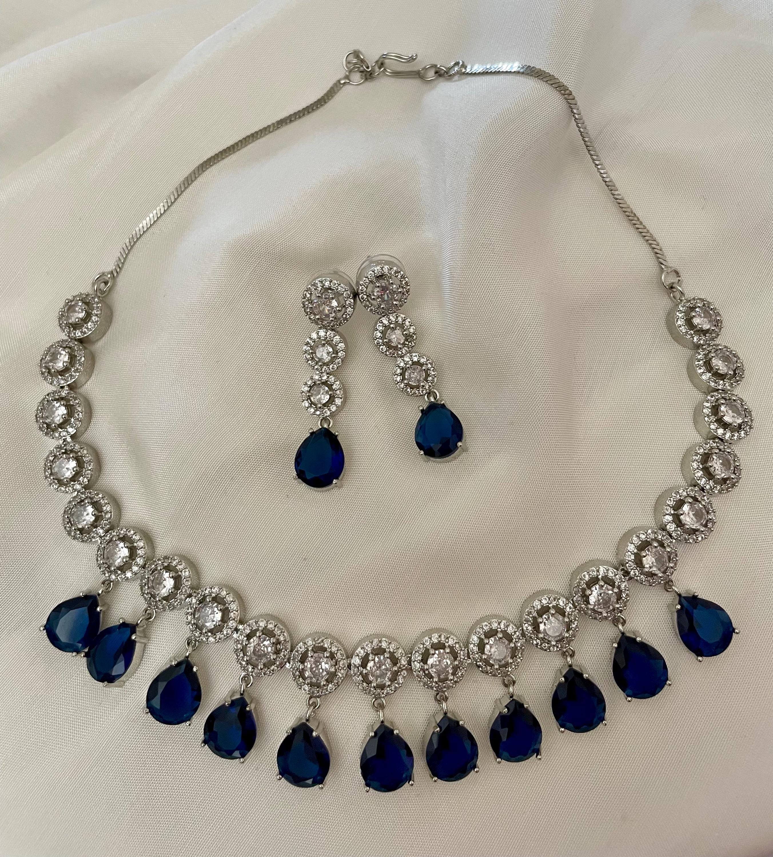Sapphire Blue Diamond Set/american Diamond Set/cz Set/cocktail Necklace ...