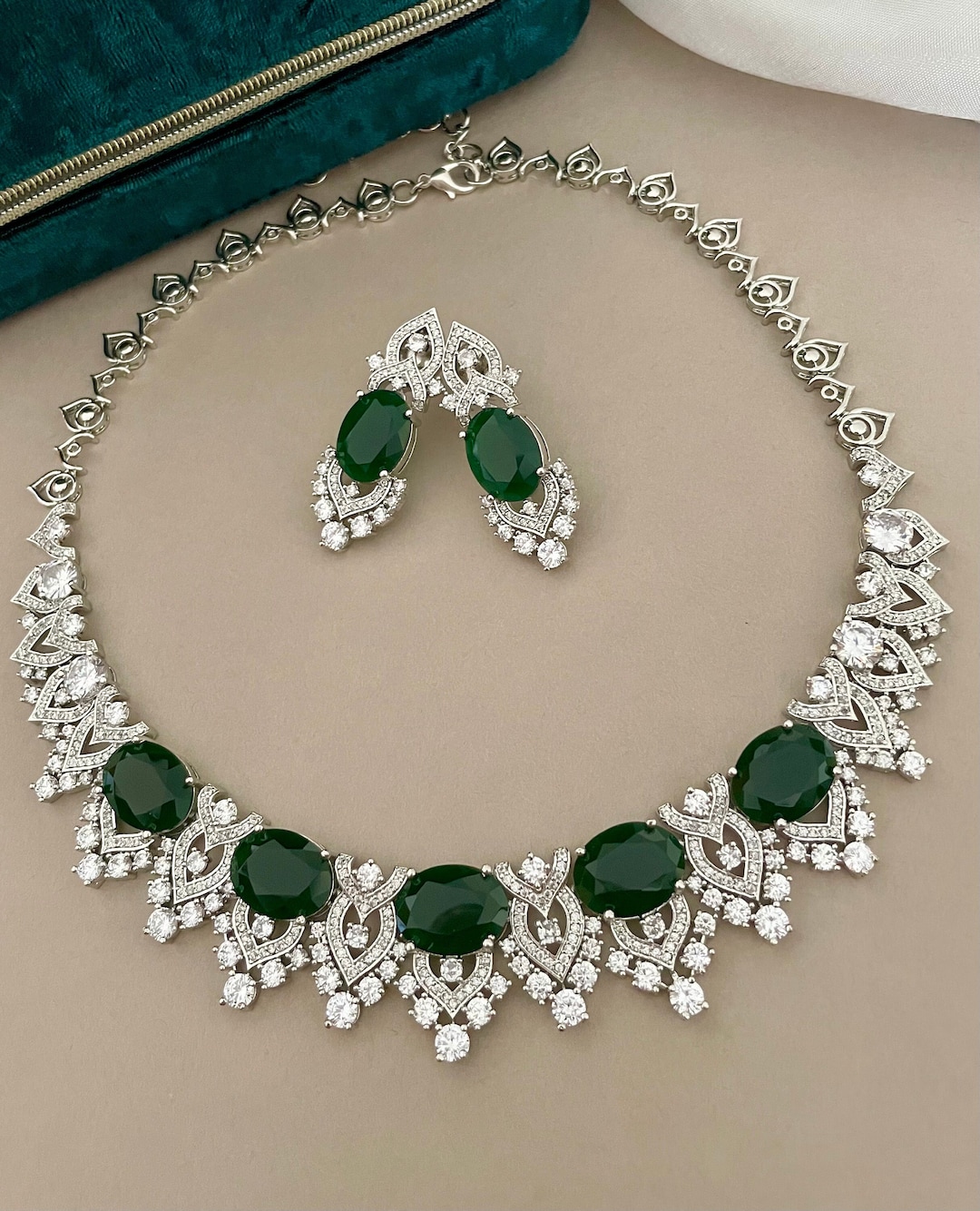 Emerald Green Diamond Set/american Diamond Green Set/cocktail Set/cubic ...