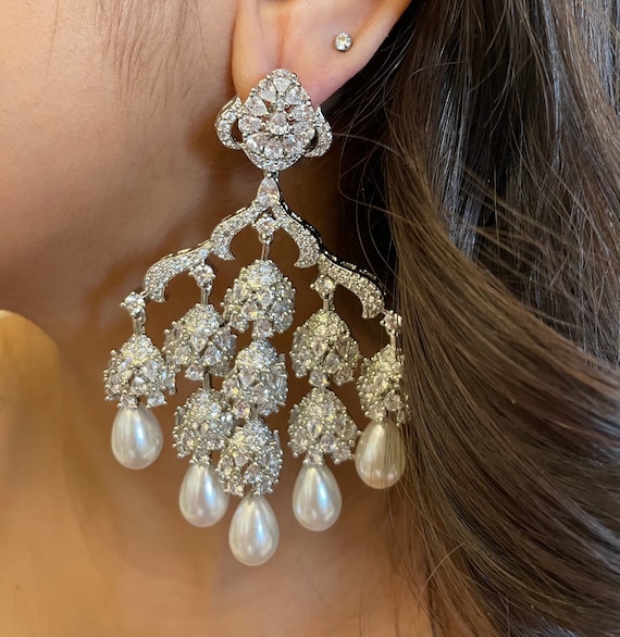 Diamond Earrings chandelier Earrings indian Jewelry indian Earrings cz Earrings american Diamond cocktail Earrings wedding Jewelry Etsy