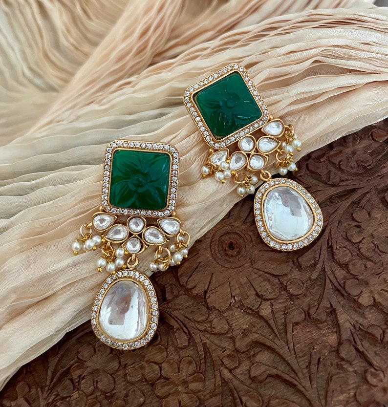 Emerald Green Kundan Jewelry Set/kundan CZ Set/designer Uncut Polki Set ...