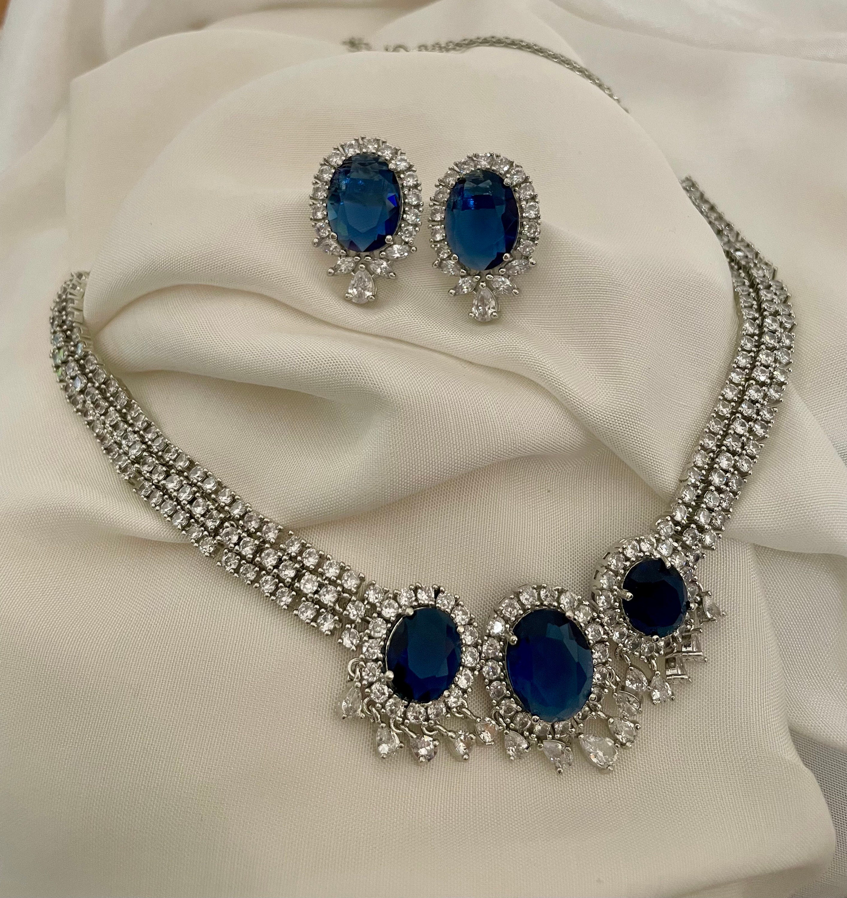 Sapphire Blue Diamond Set/american Diamond Set/cz Set/cocktail Necklace ...