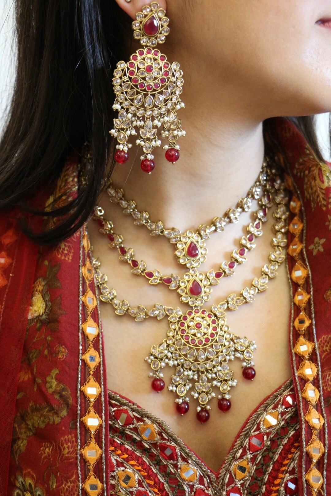 Red Polki Jewelry Set/polki Bridal Set/polki Set With Tika/tika Set ...